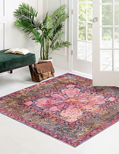 Unique Loom Mangata Collection Area Rug - Mona (Square 5' 3" x 5' 3", Pink/Beige)