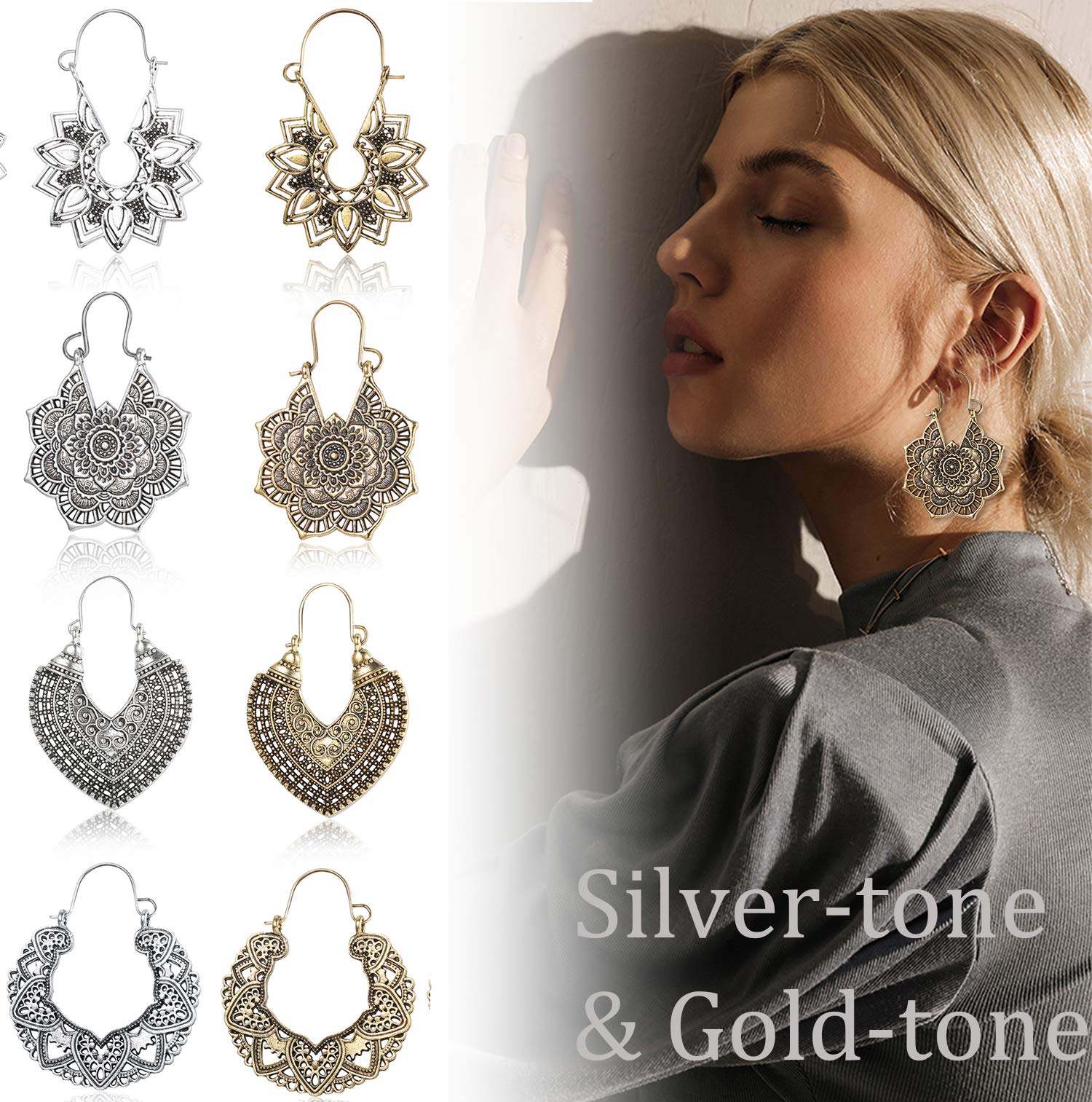 FIBO STEEL 8 Pairs Vintage Mandala Flower Gypsy Drop Dangle Earrings for Women Boho Retro Tribal Hollow Earrings Set
