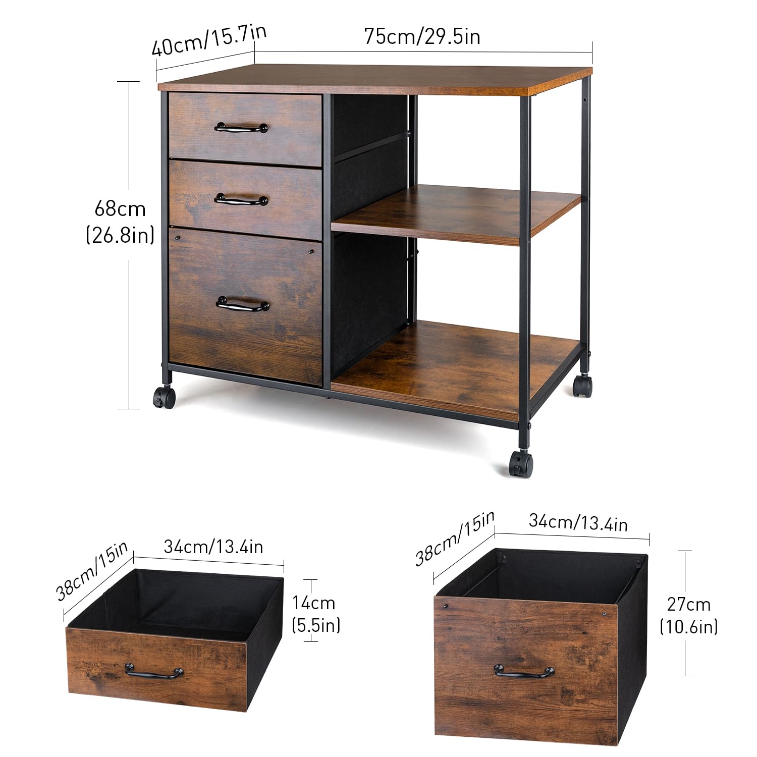 Finnhomy 3-drawer Mobile File Cabinet for Home Office, Fabric Lateral Filing Cabinet with Wooden Board, Printer Stand with Open Storage Shelves fits A4 or Letter Size