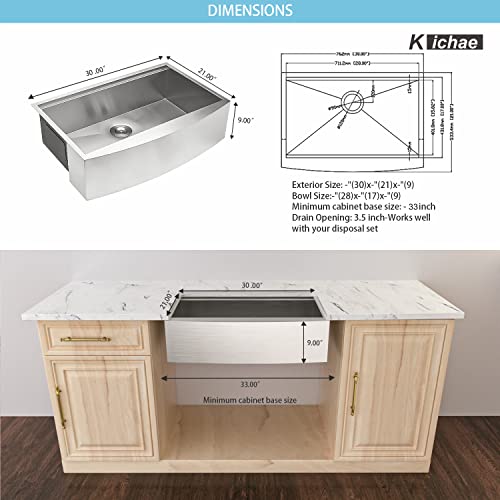 Kichae 30 Inch Farmhouse Sink Stainless Steel, Apron Front Farm Sink for Kitchen, Undermount Workstation Sink with Integrated Ledge, 30x22 Deep Single Bowl Kitchen Sink with Accessories