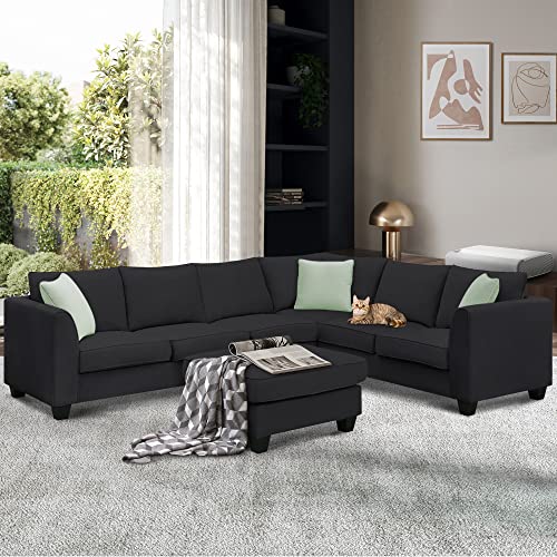 P PURLOVE Modern Large Sectional Sofa, L Shape Fabric Sofa Corner Couch Set with Ottoman and 3 Pillows, Extra Wide Chaise Lounge Couch for Living Room Apartment, Black