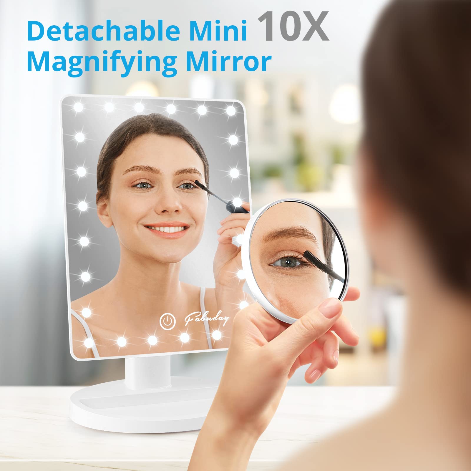 Fabuday Makeup Mirrors with Lights - Fabuady Lighted Makeup Mirror with Detachable 10X Magnification, Light Up Mirror Touch Screen and Light Adjustable, 180° Rotation, Powered by Battery, White