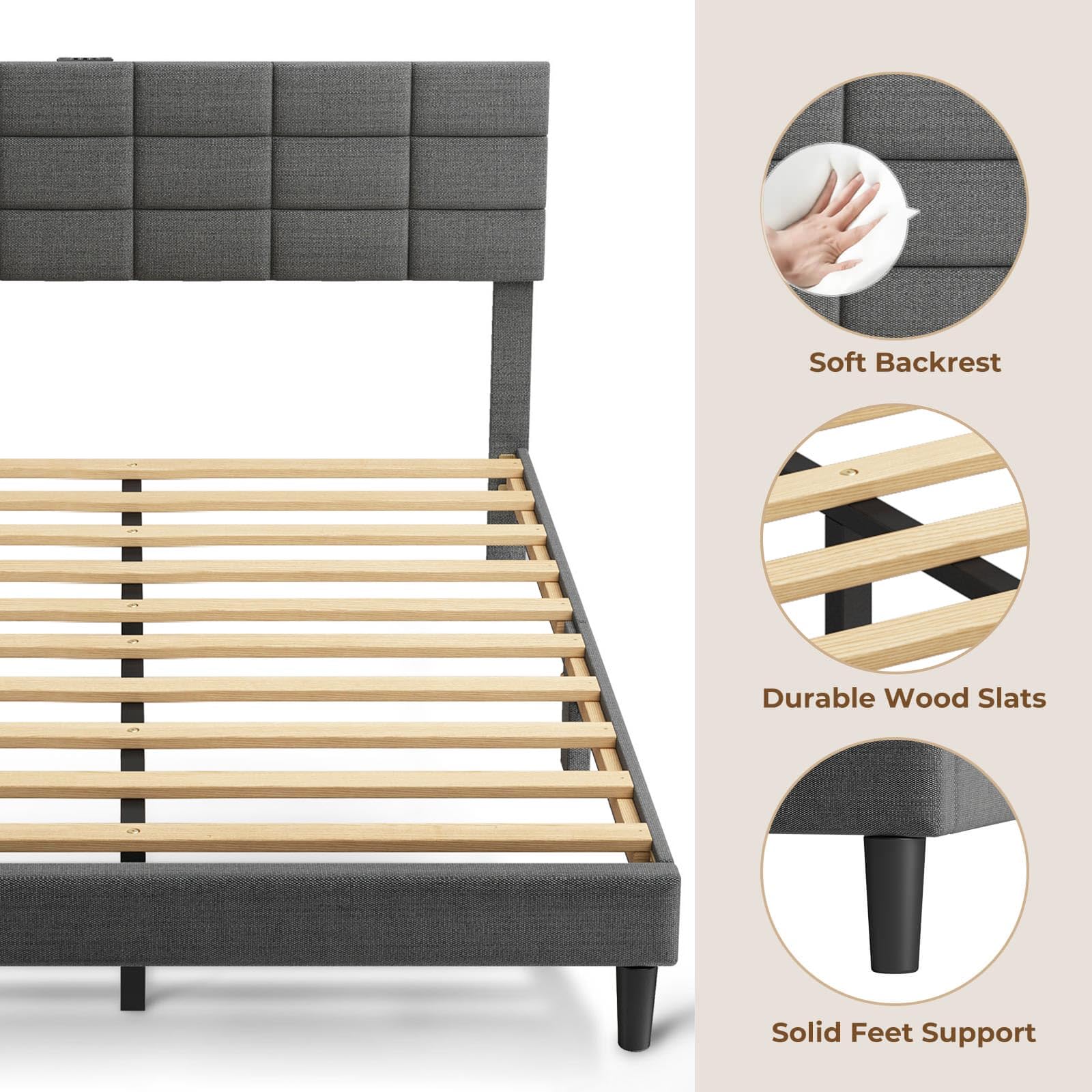 Seventable Twin Size Bed Frame with Charging Station, Upholstered Bed with Heavy Duty Wood Slats, Noise Free, Easy Assembly, No Box Spring Needed, Dark Grey