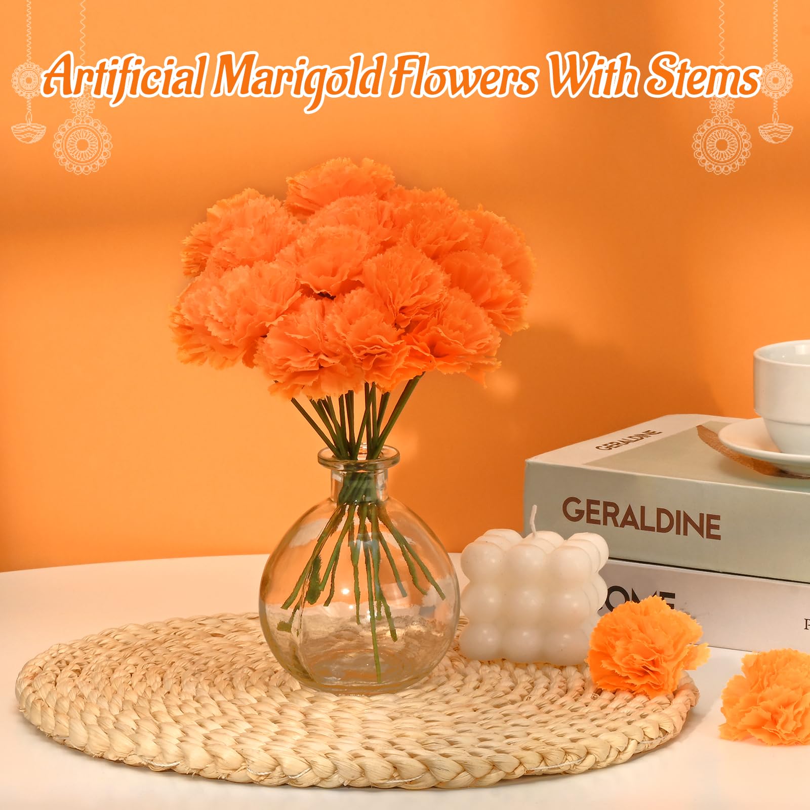 Fascidorm Marigold Flowers - 50Pcs Artificial Marigold Flowers with Stems, 2'' Silk Orange Marigolds for Day of The Dead Altar Wedding Diwali Decorations