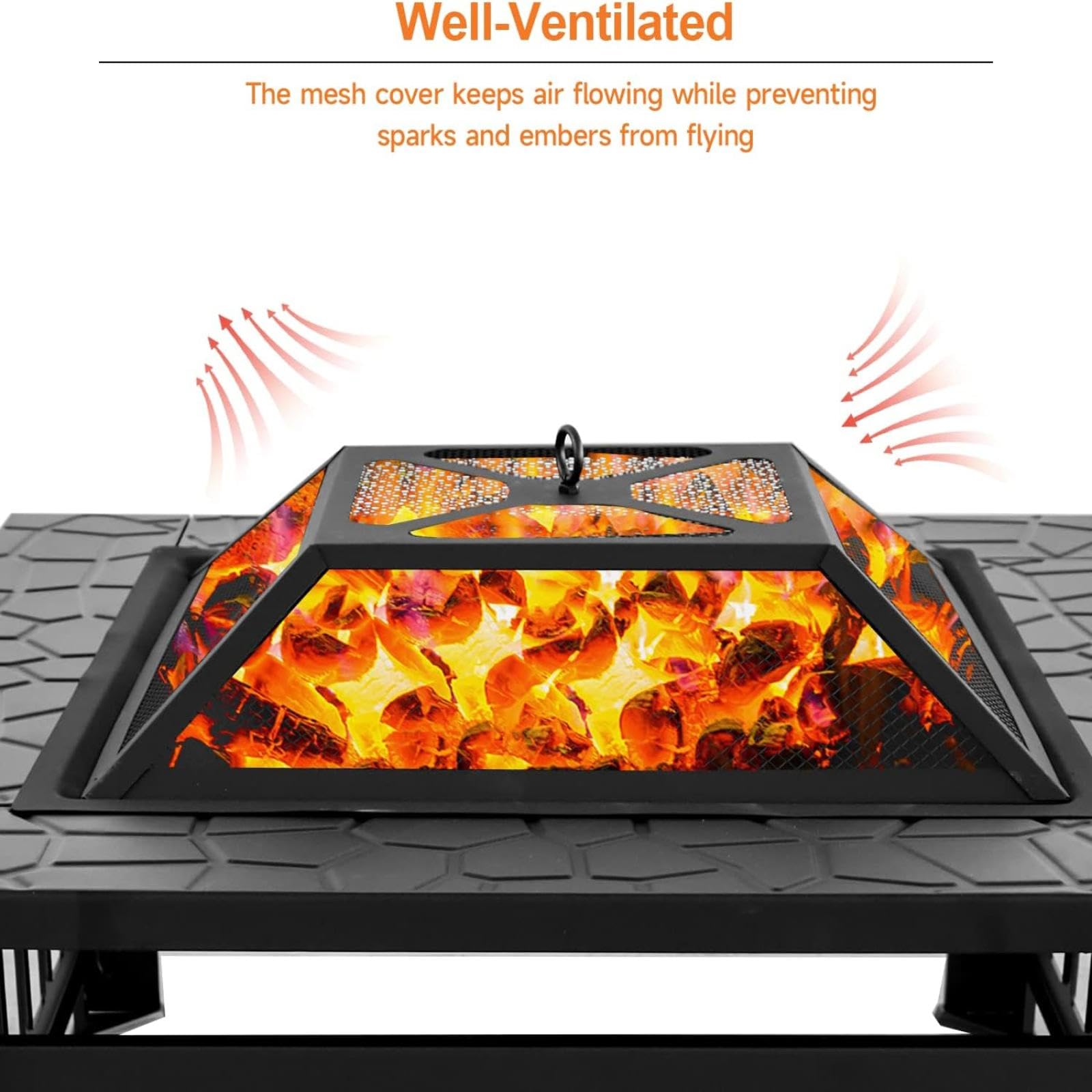 Fire Pit 32'' Wood Burning Firepit Metal Square Outdoor Fire Tables Steelfire Pit Bowl with Spark Screen Cover, Poker Log Grate for Patio Bonfire Camping Backyard Garden Picnic