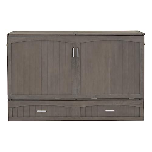 Yuxuanhang Queen Size Solid Wood Murphy Bed with Charging Station and Large Storage Drawer, Space-Saving Design for Small Spaces Guest Room Lounge or Office, Antique Grey