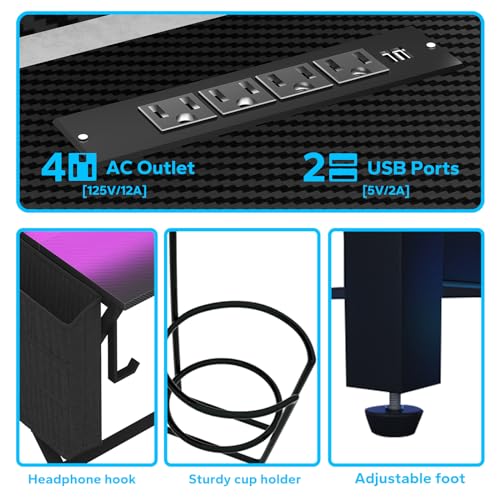Fangflower L Shaped Computer LED Lights and Power Outlets, 51" Monitor Stand, Cup Holder, Corner Gaming Desk with Hooks for Home Office, Black