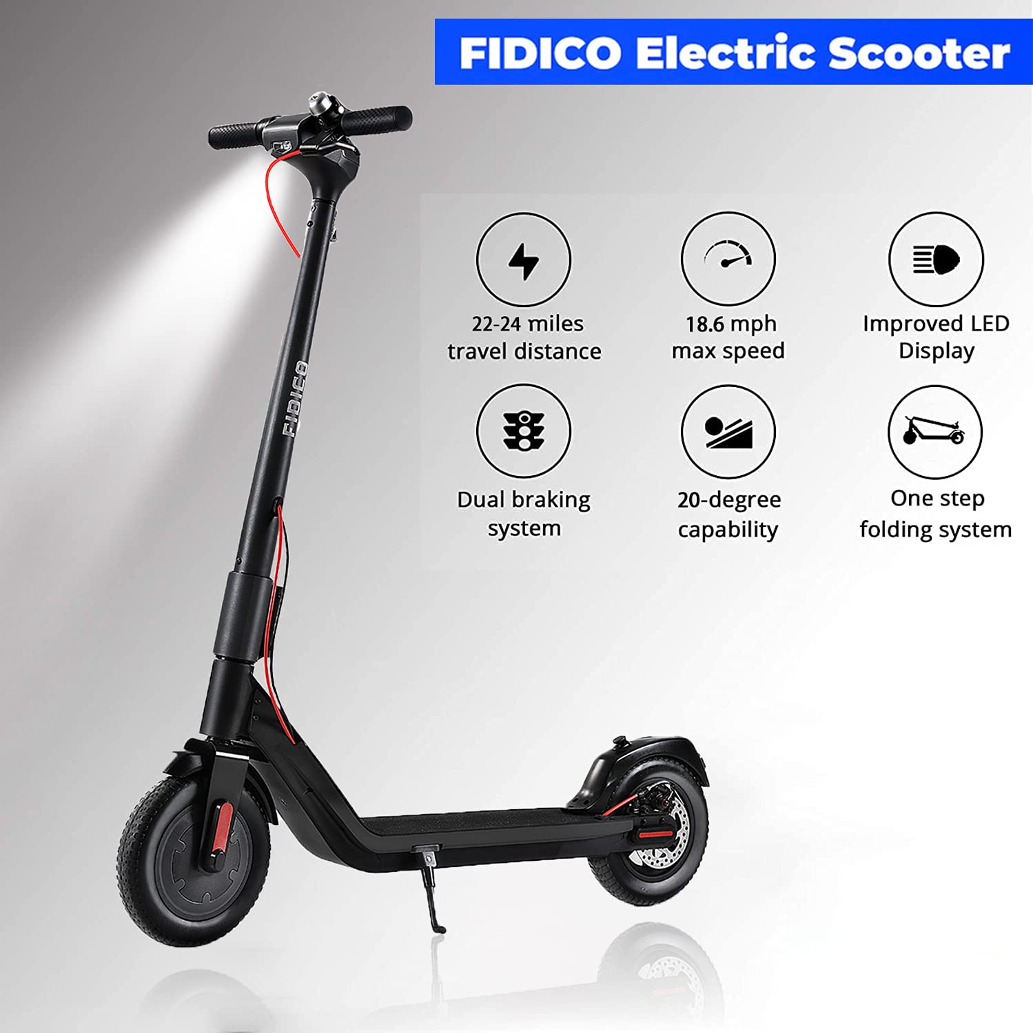 FIDICO Electric Scooter, 350W Brushless Motor, 10’’ Solid Tires, Up to 18 MPH & 20 Miles Range, Folding Commuter Electric Scooter for Adults (Black)