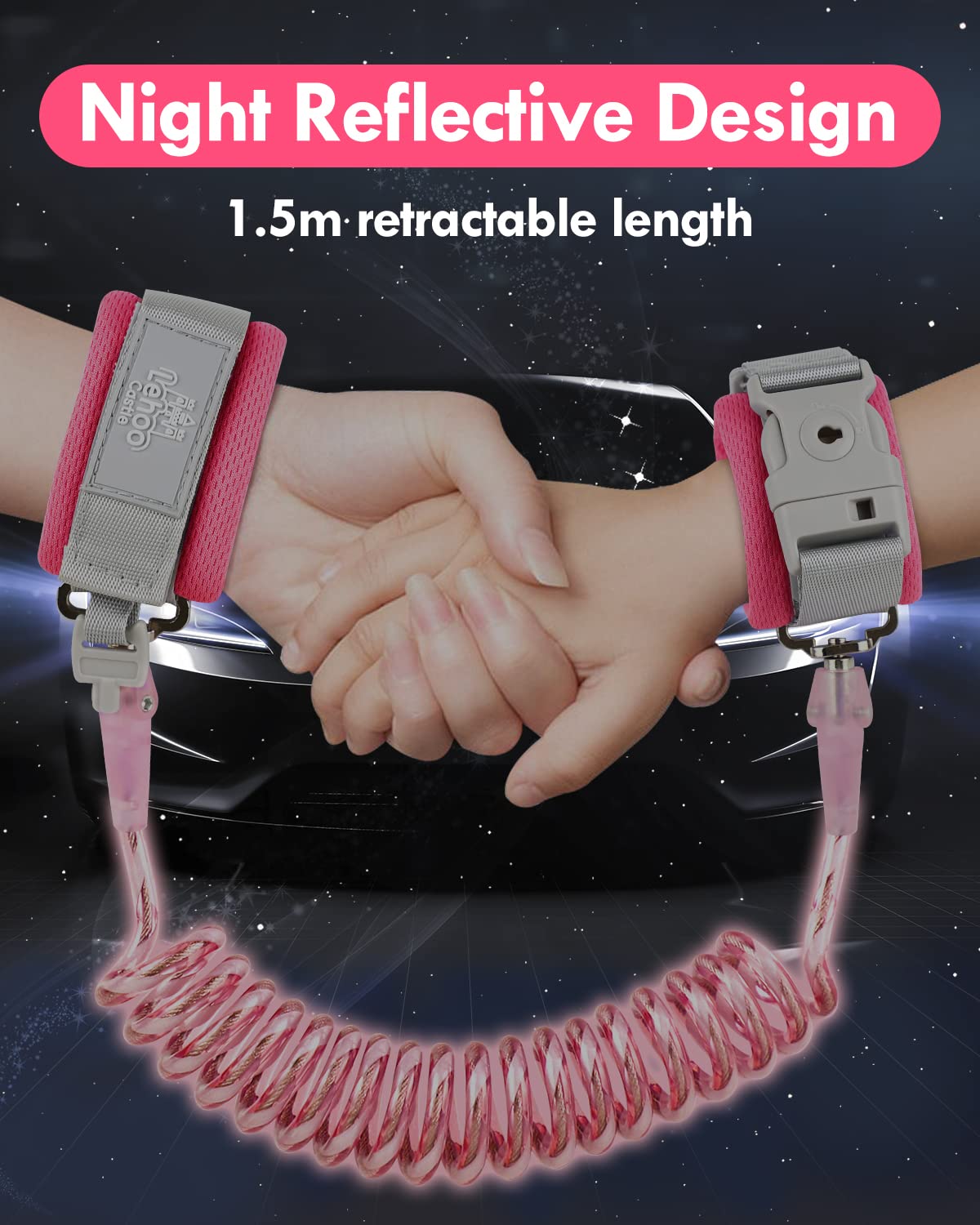 Lehoo Castle Anti Lost Wrist Link for Toddlers, 4.9ft Toddler Harness with Key Lock, Reflective Toddler Wrist Leash, Child Leash Harness, Leash for Kids (Pink)