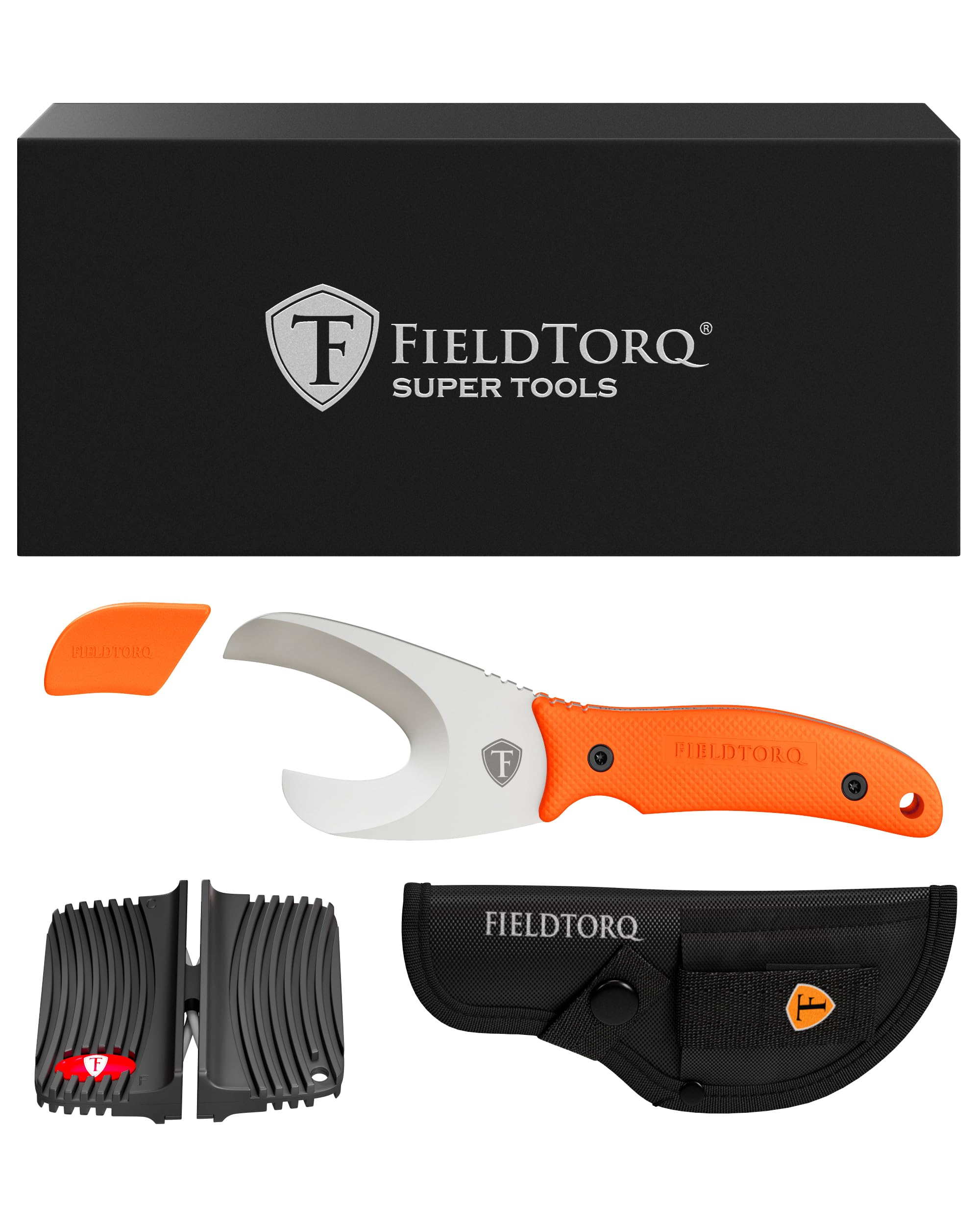 FIELDTORQ Super Tool | 4-in-1 Field Dressing Kit with Sheath & Sharpener | Skinning Knife for Hunting | Gut Hook Knife | Deer Hunting Knife Set