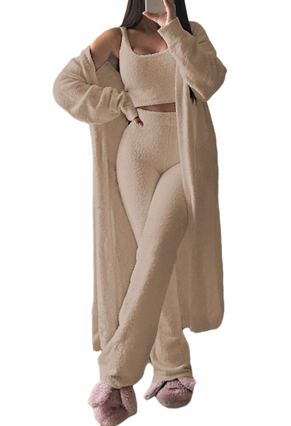 Fixmatti Women 3 Pcs PJ Outfit Set Crop Tops Pants and Open Front Cardigan Tracksuit Lounge Set Camel S