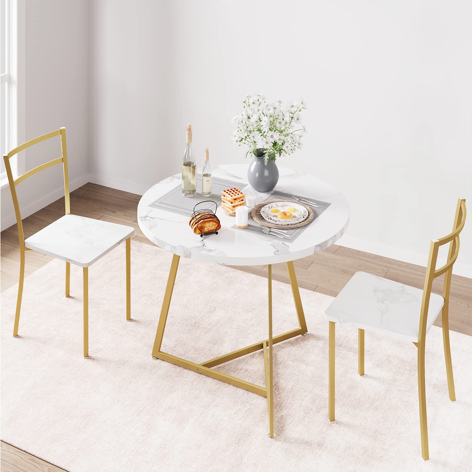 Fancihabor Round Dining Table Set for 2, Kitchen Table and Chairs for 2, Dining Room Table Set, 3 Piece Dining Table Set for Small Space, Apartment, Studio, Marble White Gold