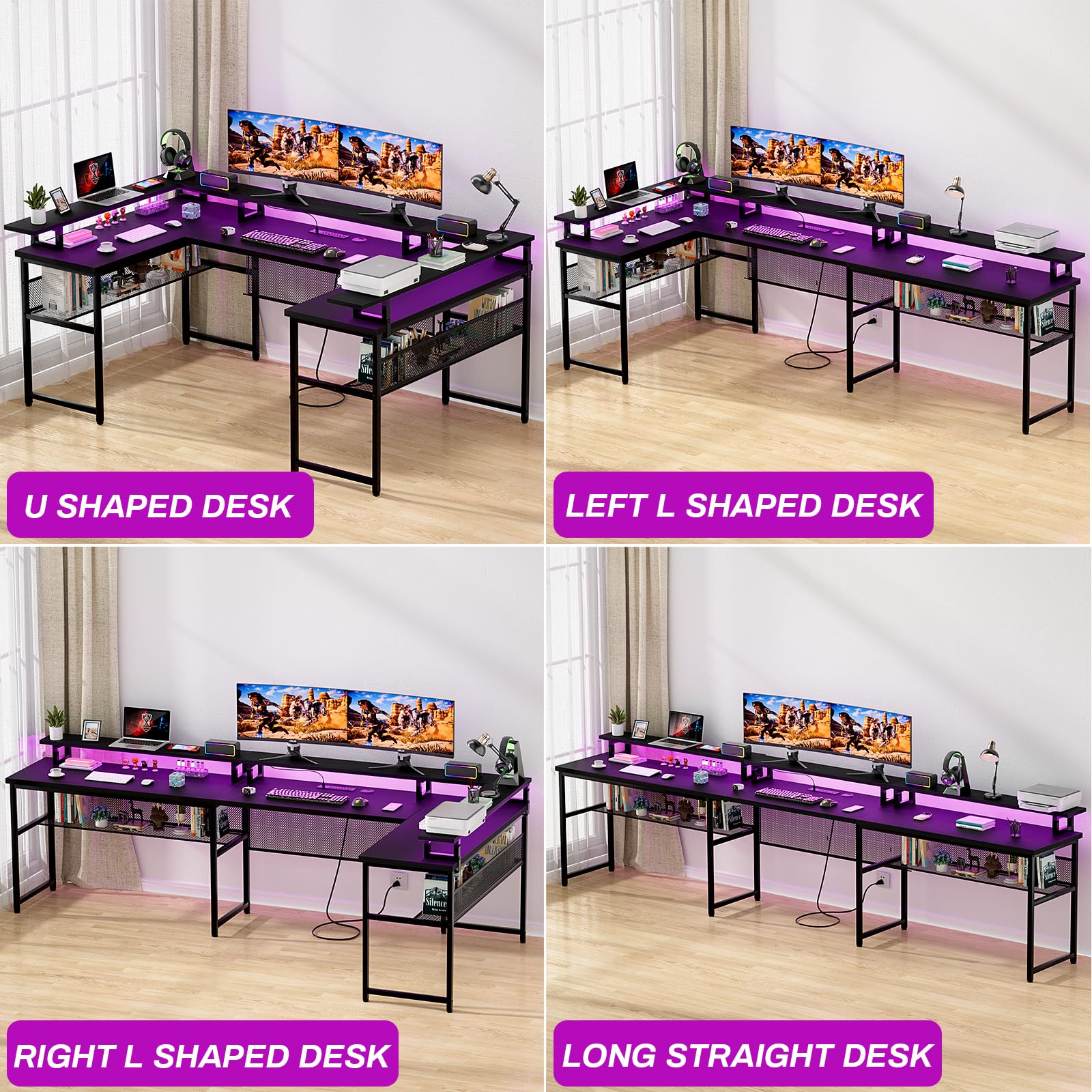 Unikito U Shaped Computer Desks, Reversible Office Desk with LED Strip and Power Outlets, L Shaped Table with Full Monitor Stand and Storage Shelves, 83 Inch Large U- Shape Gaming Desk, Black