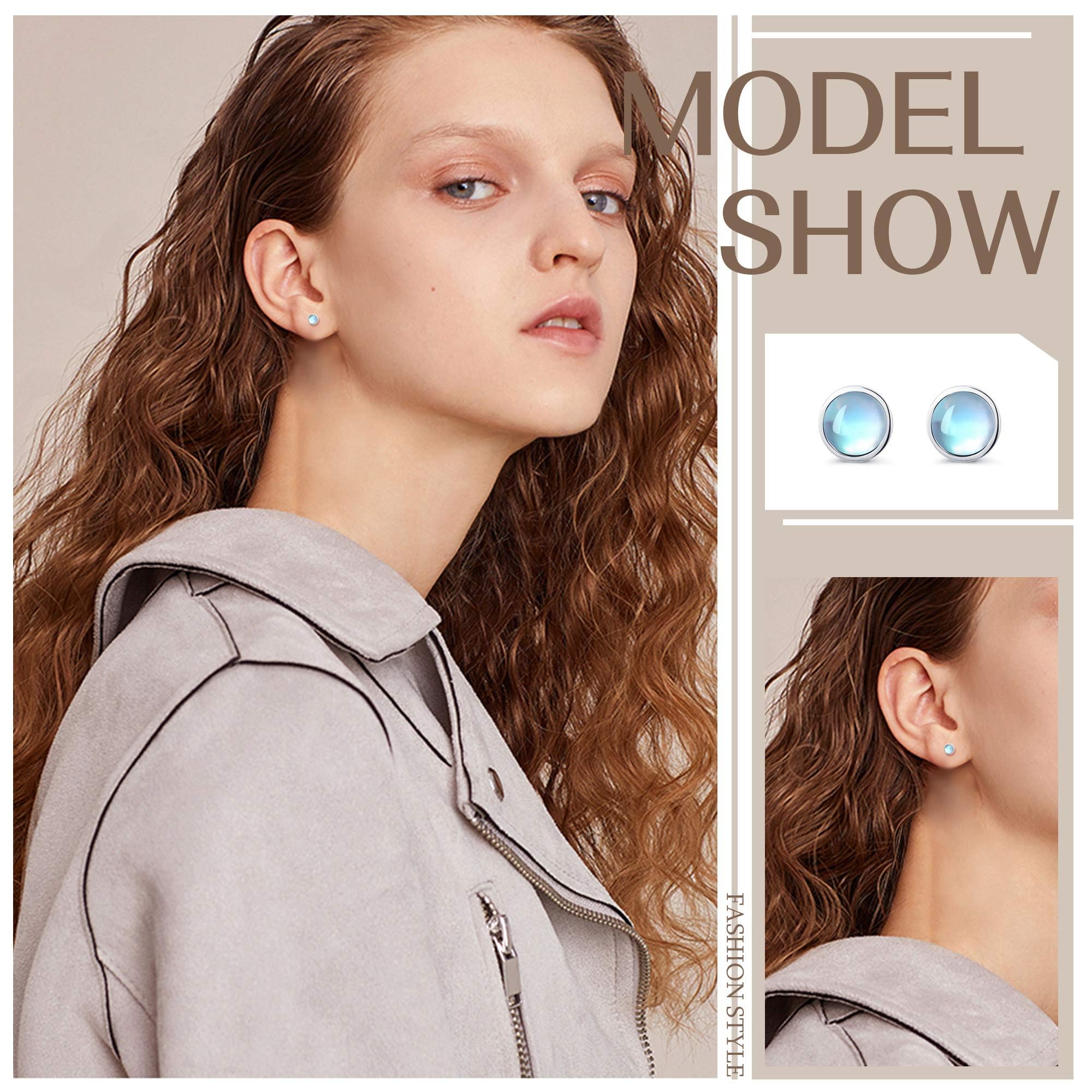 Fansilver 4MM 925 Sterling Silver Stud Earrings for Womens Moonstone Earrings Turquoise Black Earrings Round Gemstone Stud