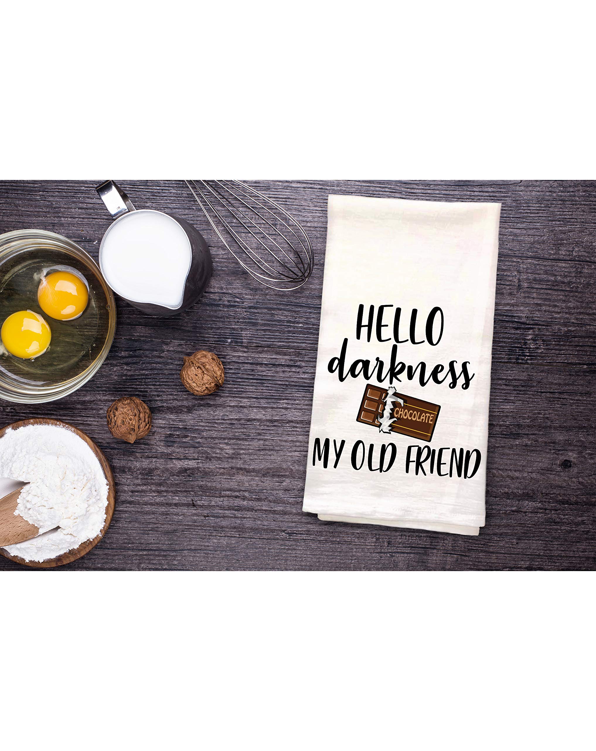 Hello Darkness My Old Friend - Dish Towel Kitchen Tea Towel Funny Saying Humorous Flour Sack Towels Great Housewarming Gift 28 inch by 28 inch, 100% Cotton, Multi-Purpose Towel