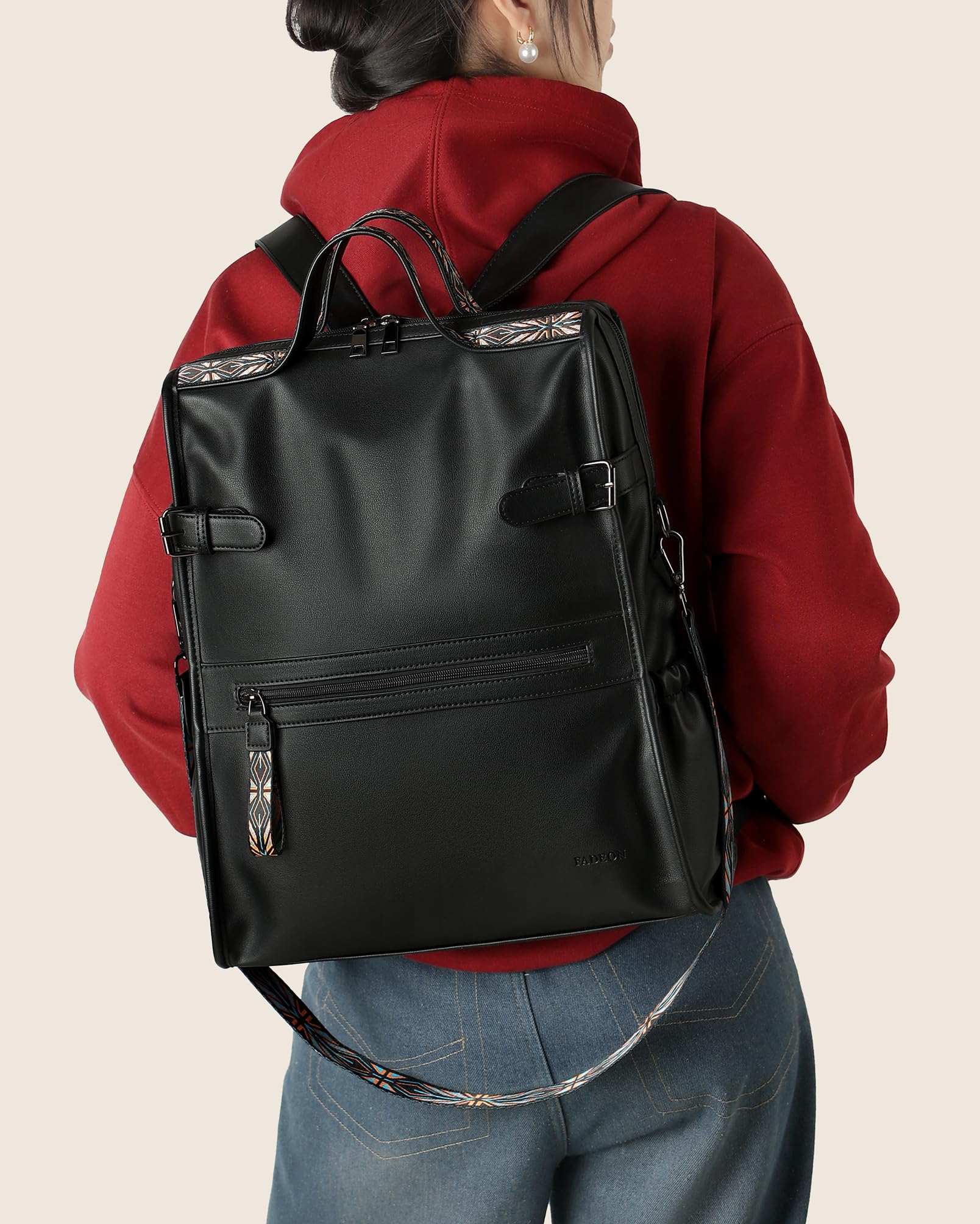 FADEON Leather Laptop Backpack for Women, Designer Ladies Work Travel Computer Backpack with Laptop Compartment Purse Black