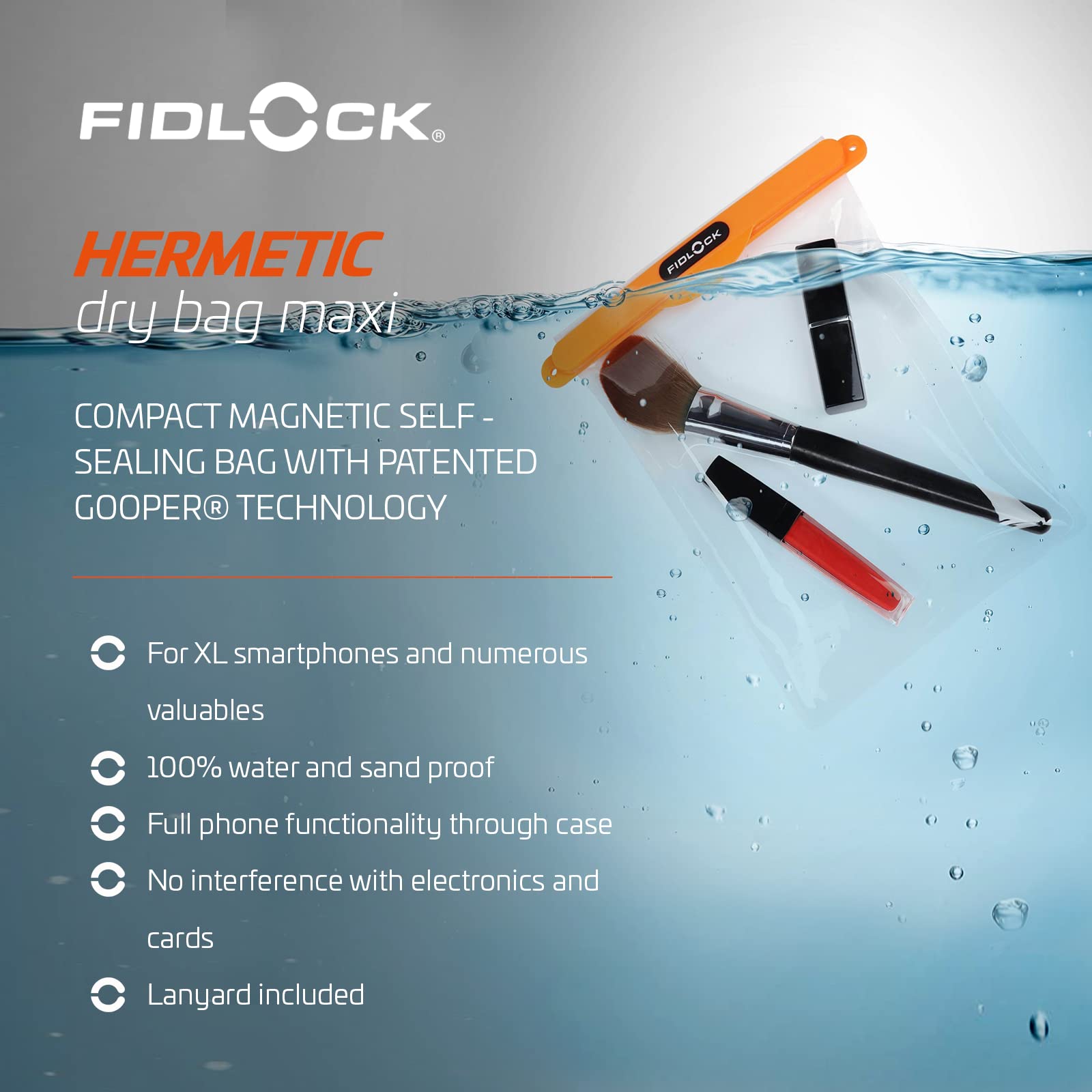 FIDLOCK Hermetic Dry Bag Maxi - Flexible Magnetic Self-Sealing Bag for Cellphone | 100% Waterproof and Sand Proof - Practical Size with a Large Opening, with Lanyard included - Blue Transparent