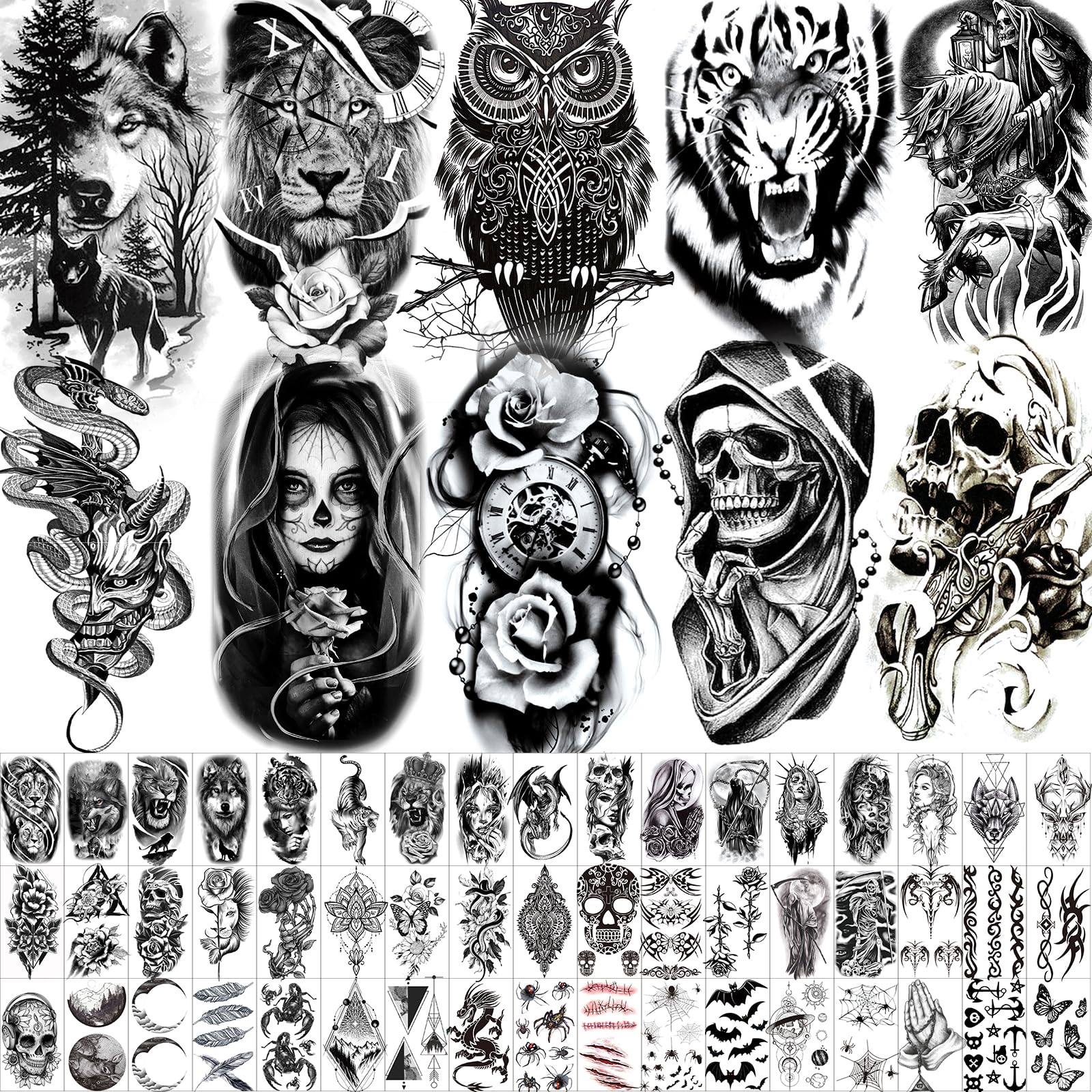 Hotoyannia 82 Sheets Large-Size Black Temporary Tattoos Stickers, Includes 10 Large-Size Fake Tattoos That Look Real and Last Long, Halloween Tattoos Include Wolf Lion Tiger Skeleton Skull Tattoos