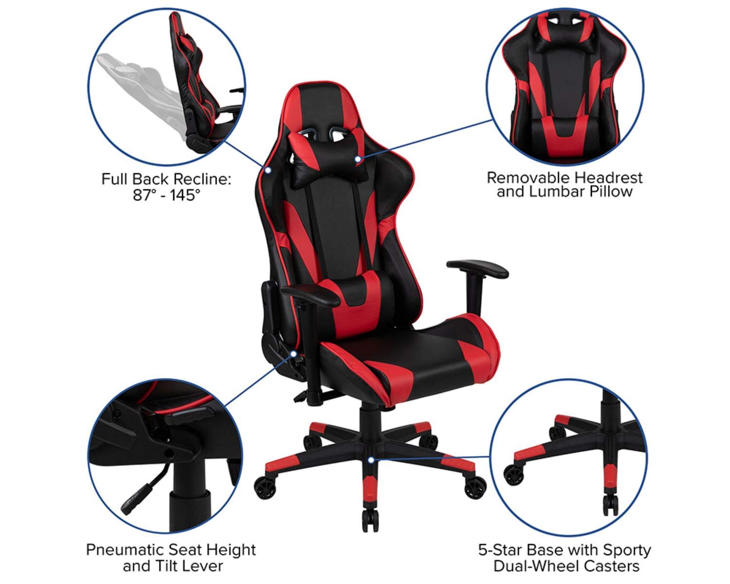 Flash Furniture X20 Fully Reclining LeatherSoft Racing Style Gaming Chair with and Lumbar Pillows, Ergonomic Padded Swivel Computer Chair, Red/Black