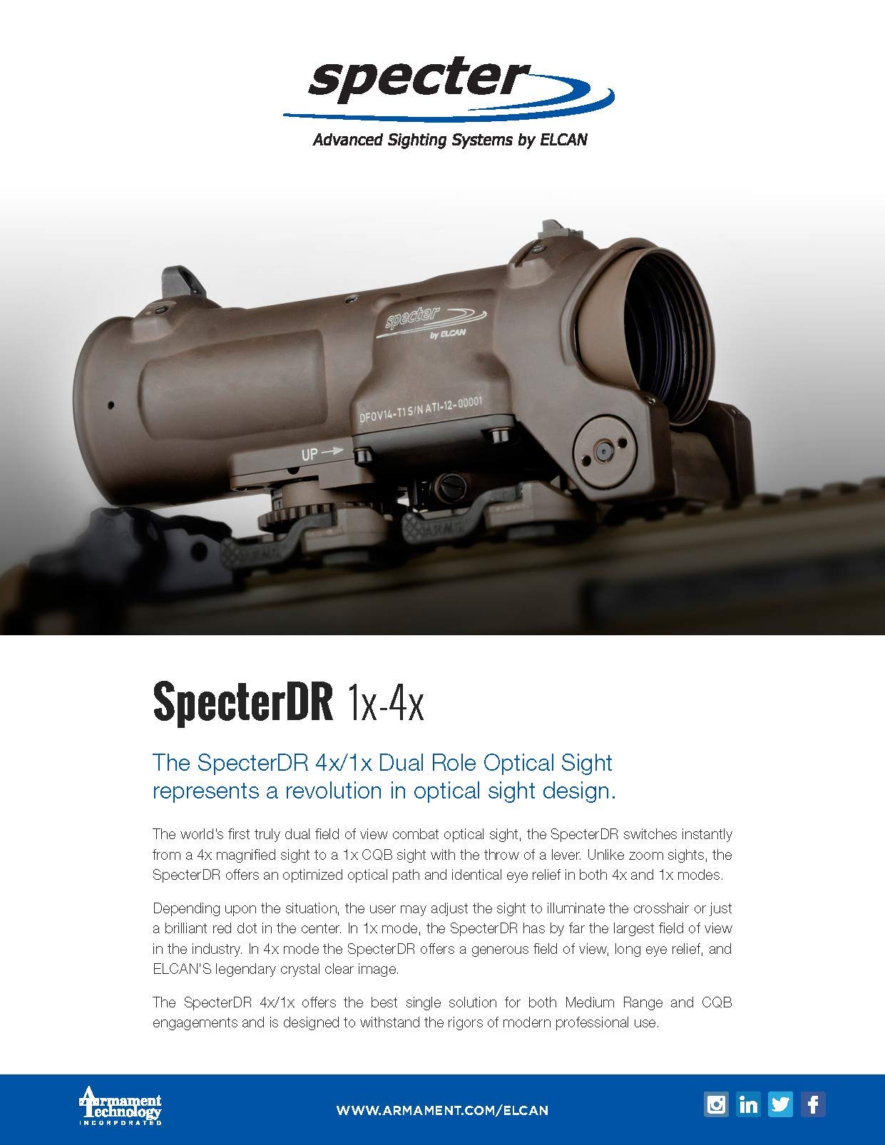 ELCAN SpecterDR 1x/4x Dual Role Optical Sight, 5.56 Ballistic Reticle with Anti-Reflection Device & Flip Covers (DFOV14-C1-X4)