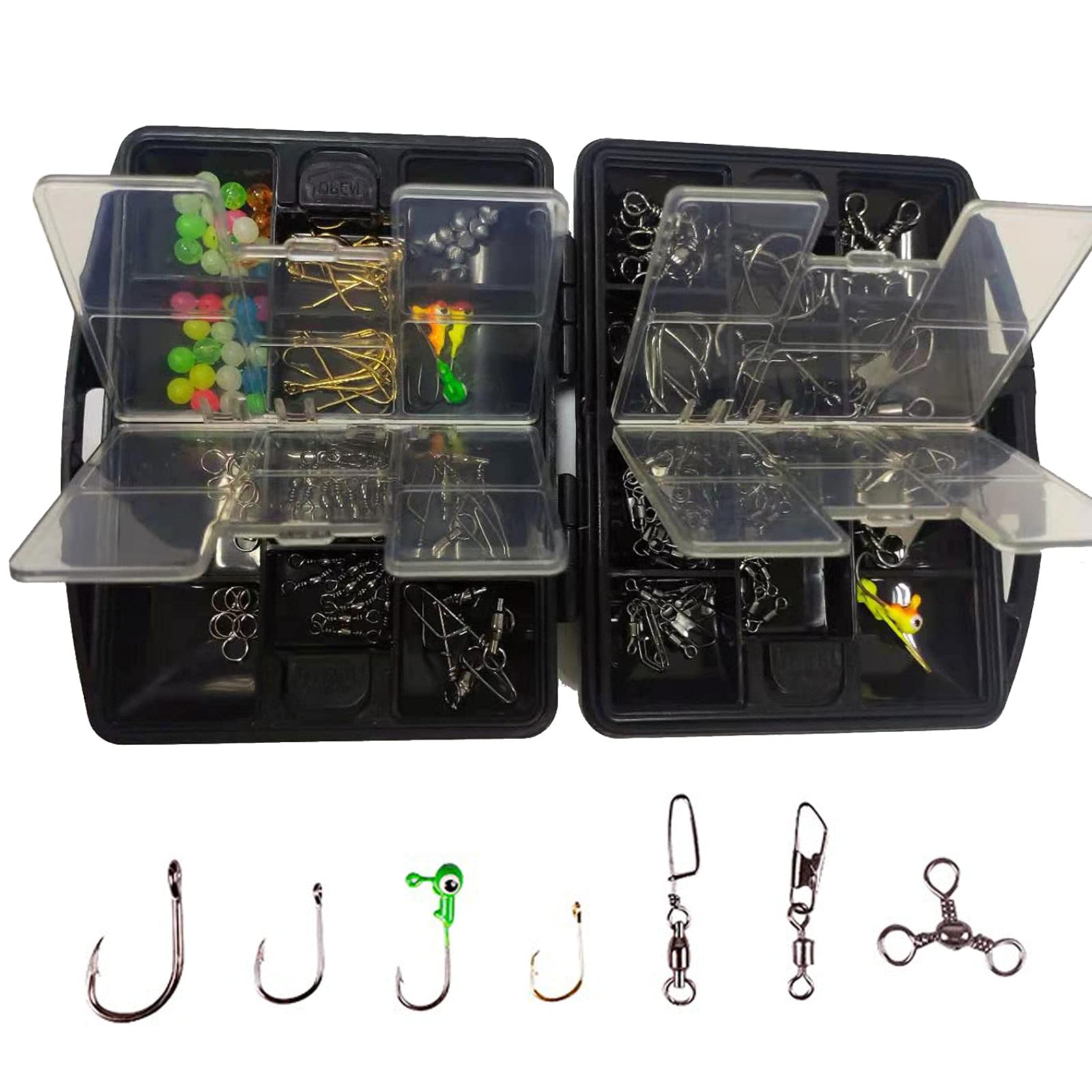 Fishing Terminal Tackle Box - Fishing Baitholder Hooks, Drop Shot Weights,Fishing Bobbers,Fishing Stoppers, Sinker Slides, Double Barrel Crimps,Three Way swivels,Fishing Beads