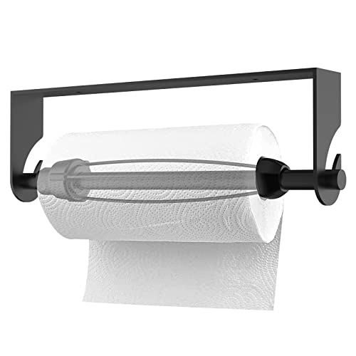 Paper Towel Holder Under Cabinet, MYLOLF Single Hand Operable Wall Mount Paper Towel Rack with Damping Effect, Self-Adhesive or Drilling Screw Paper Towel Roll Holder for Kitchen, Bathroom (Black)