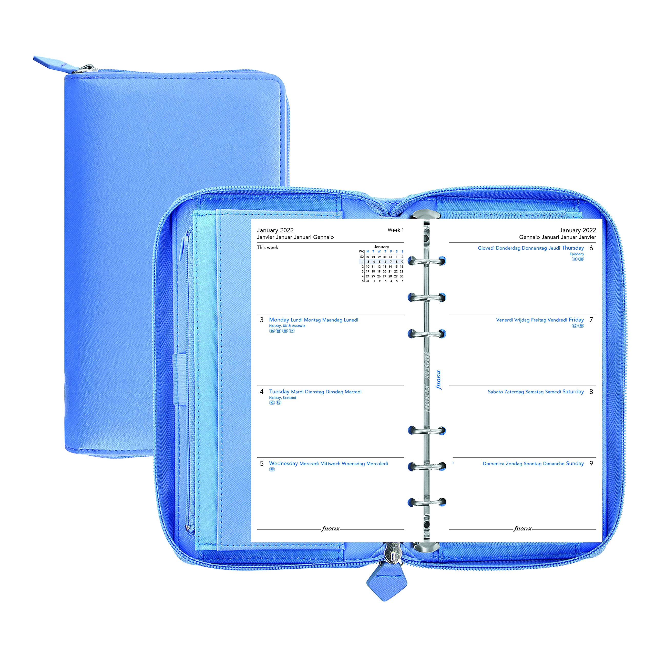 Filofax Saffiano Zip Organizer, Personal Compact Size, Vista Blue - Cross-Grain, Leather-Look, Six Rings, Week-to-View Calendar Diary, Multilingual, 2022 (C022592-22)
