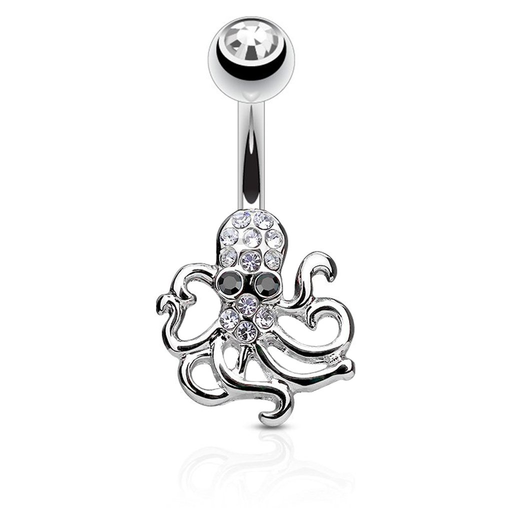 FIFTH CUE 14G Crystal Paved Octopus 316L Surgical Steel Naval Belly Button Ring (Steel)