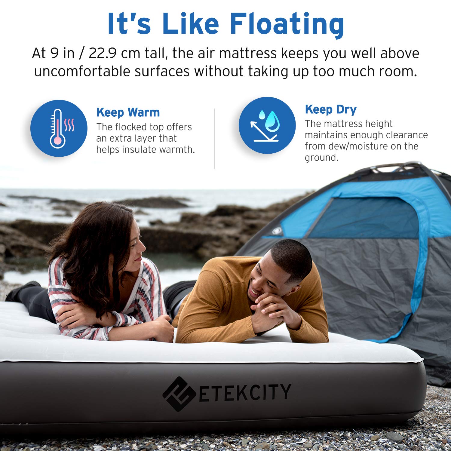 Etekcity Camping Air Mattress, Inflatable Mattress Air Bed Queen with Coil Beam Technology, Height 9", Carry Bag, White, No Pump Included (EAM-EQ2)