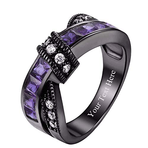 FlameReflection Black Stainless Steel Princess Cut Purple CZ Criss Cross Rings Engagement Ring for Women Crossover w Engraving Size 10