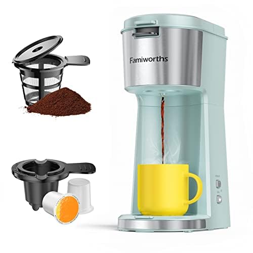 Famiworths Single Serve Coffee Maker for K Cup & Ground Coffee, With Bold Brew, One Cup Coffee Maker, 6 to 14 oz. Brew Sizes, Fits Travel Mug, Fresh Green
