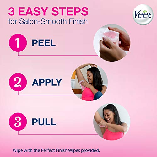 VEET Wax Strips Hair Removal Kit for Face, Underarms, Bikini, Dermatologically Tested, 20ct Wax Strips, 2 Sizes with Shea Butter & 4ct Wipes for At Home Waxing