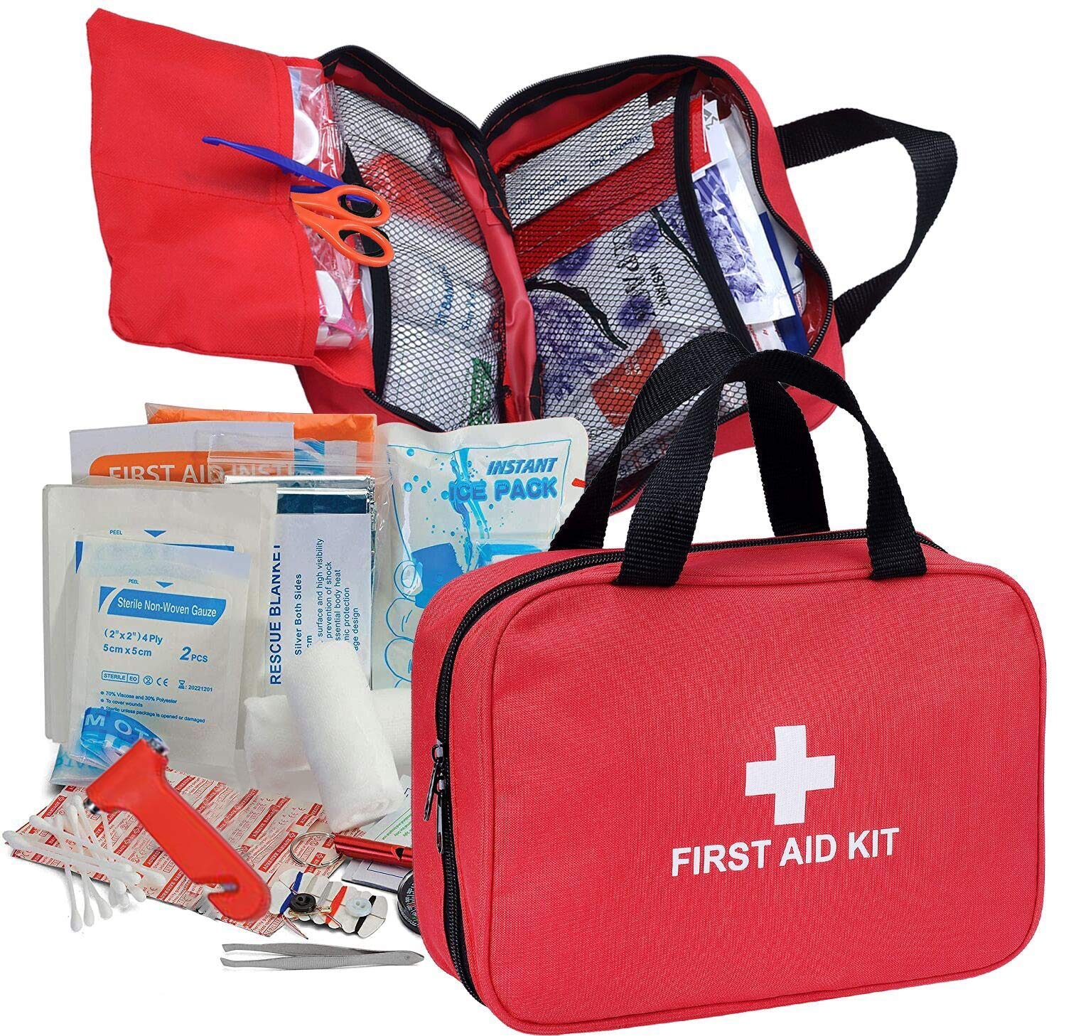First Aid Kit - 230 Piece - for Car, Home, Travel, Camping, Office or Sports | Red Bag/Reflective Cross, Fully Stocked with Essential Supplies for Emergency and Survival