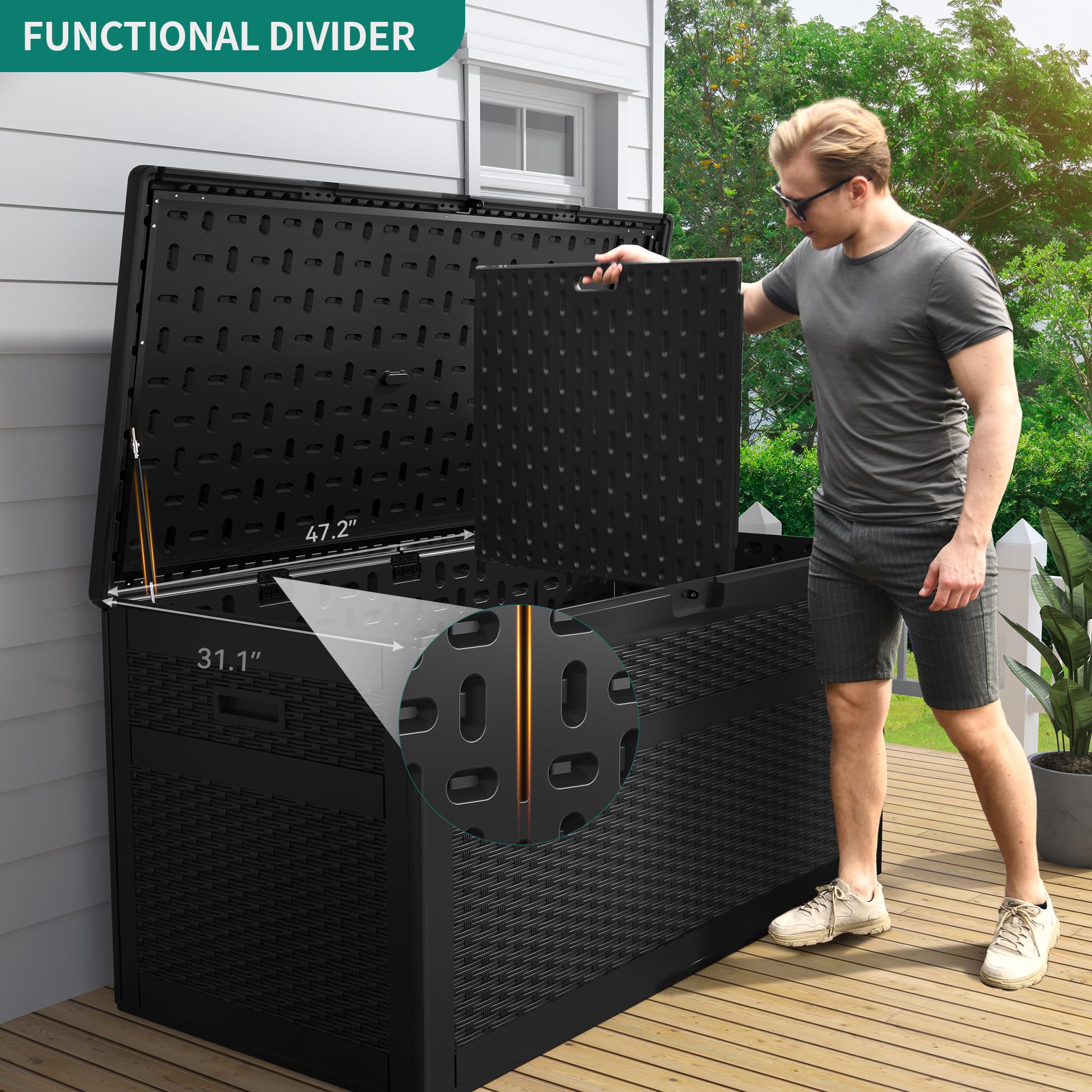 YITAHOME 230 Gallon Double-Wall Deck Box with Divider & Side Handles, Outdoor Large Storage for Patio Furniture Cushions, Garden Pool Accessories, Water Resistant & Lockable