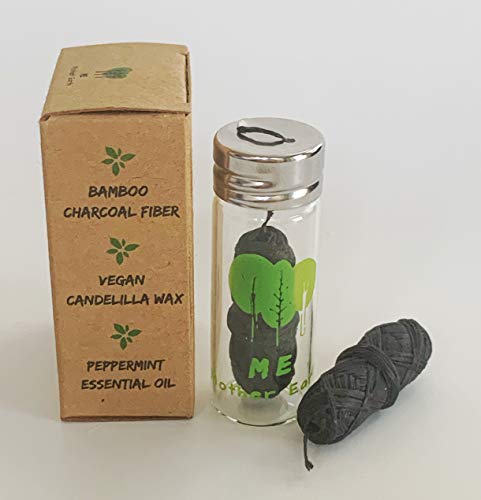 Vegan Biodegradable Bamboo Charcoal Dental Floss with Refillable Glass Container | Free Refill | Natural Candelilla Wax | 33yds x2 | Peppermint Essential Oil | Eco Friendly Zero Waste Oral Care