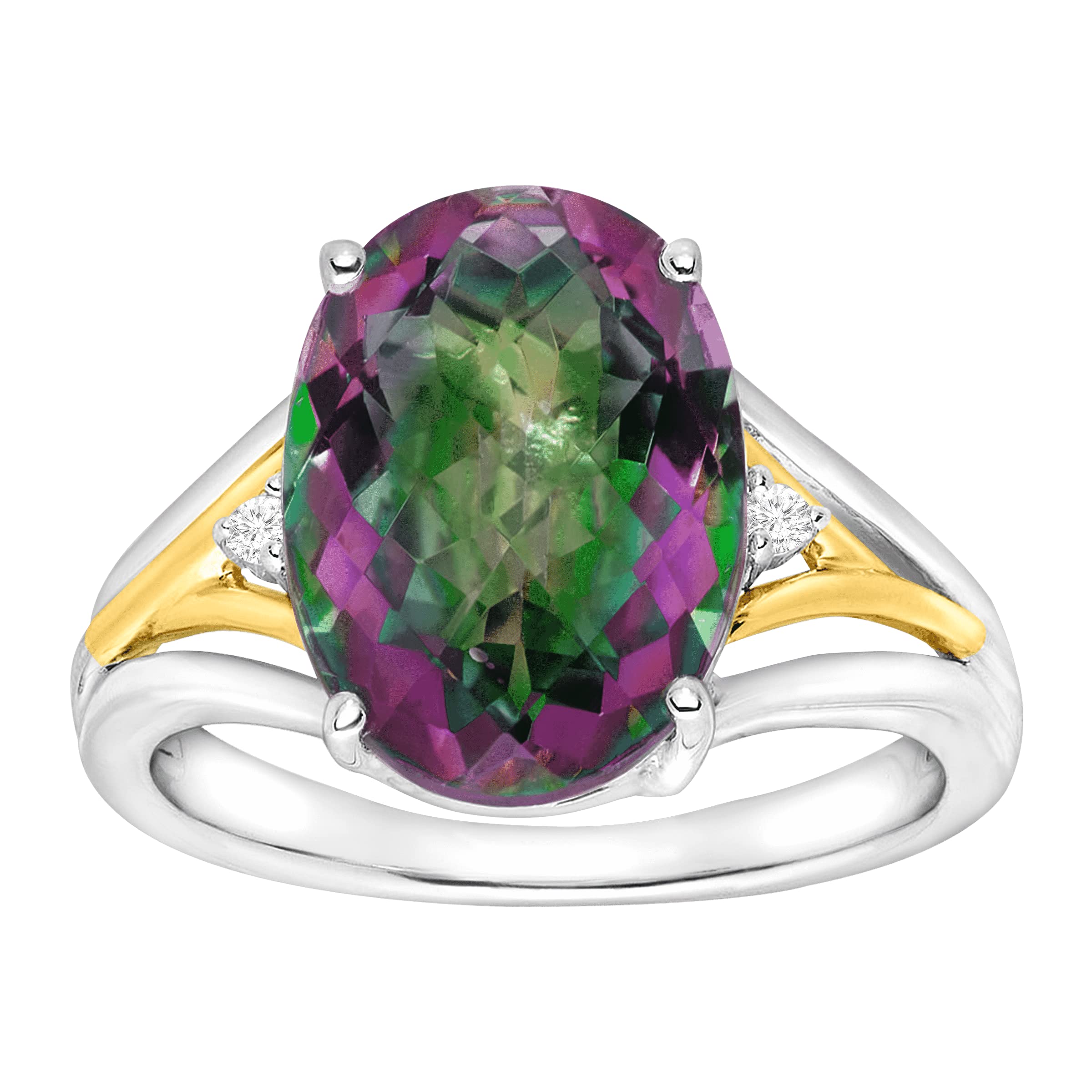 Finecraft 7 1/4 ct Natural Green Mystic Topaz Ring with Diamonds in Sterling Silver & 14K Yellow Gold, Size 7