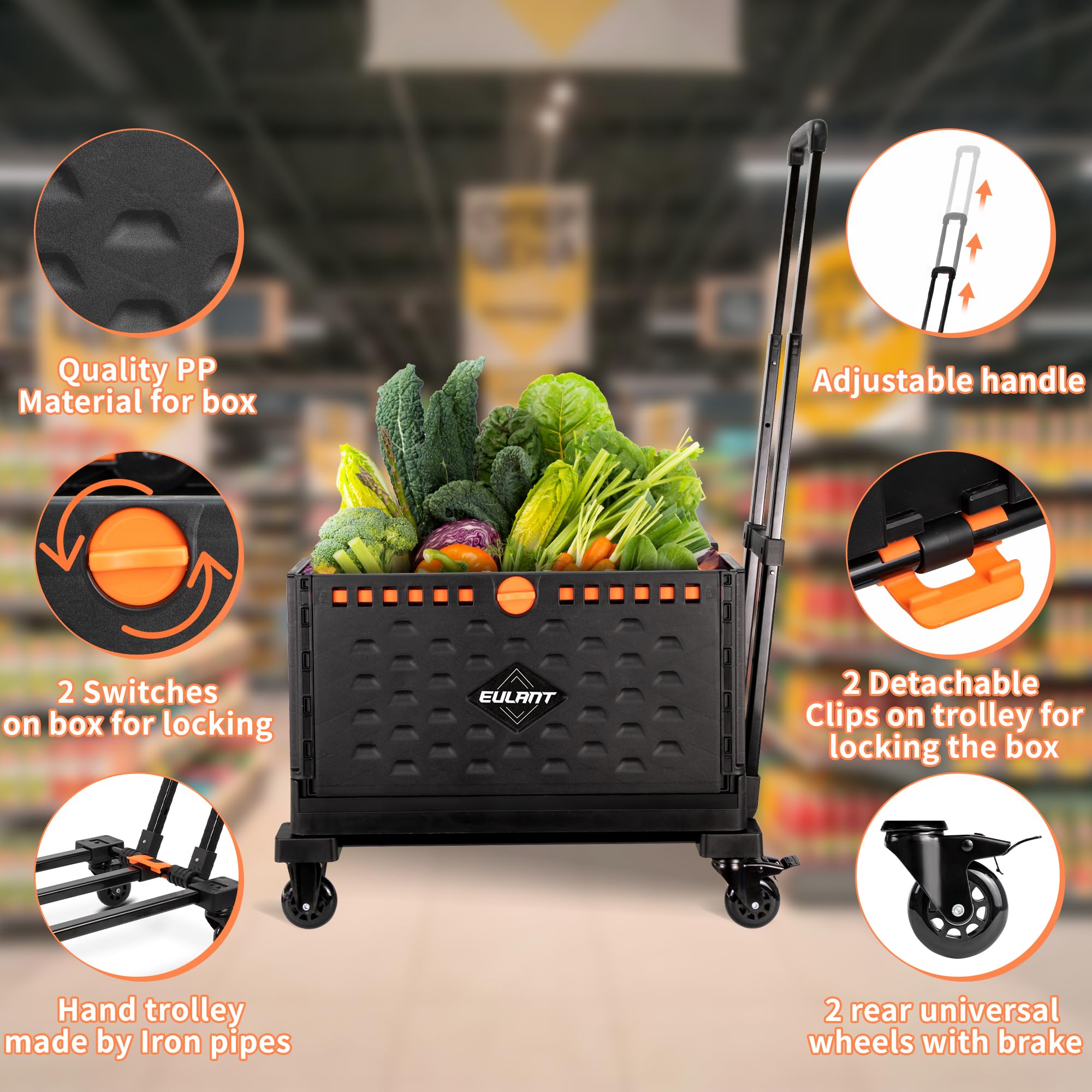 EULANT Foldable Rolling Utility Carts with Wheels, Collapsible Crate Handcart with Telescopic Handle, Large Capacity Folding Shopping Cart for Travel Moving Luggage Office Grocery