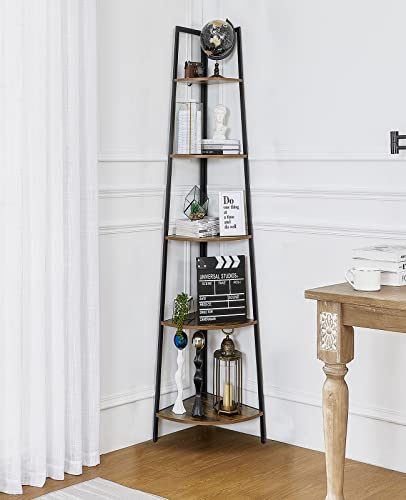 Pshelfy 5-Tier Corner Shelf, Rustic Corner Bookshelf Bookcase Multipurpose Corner Ladder Shelf Plant Stand for Living Room, Kitchen, Home Office Small Space (Brown)