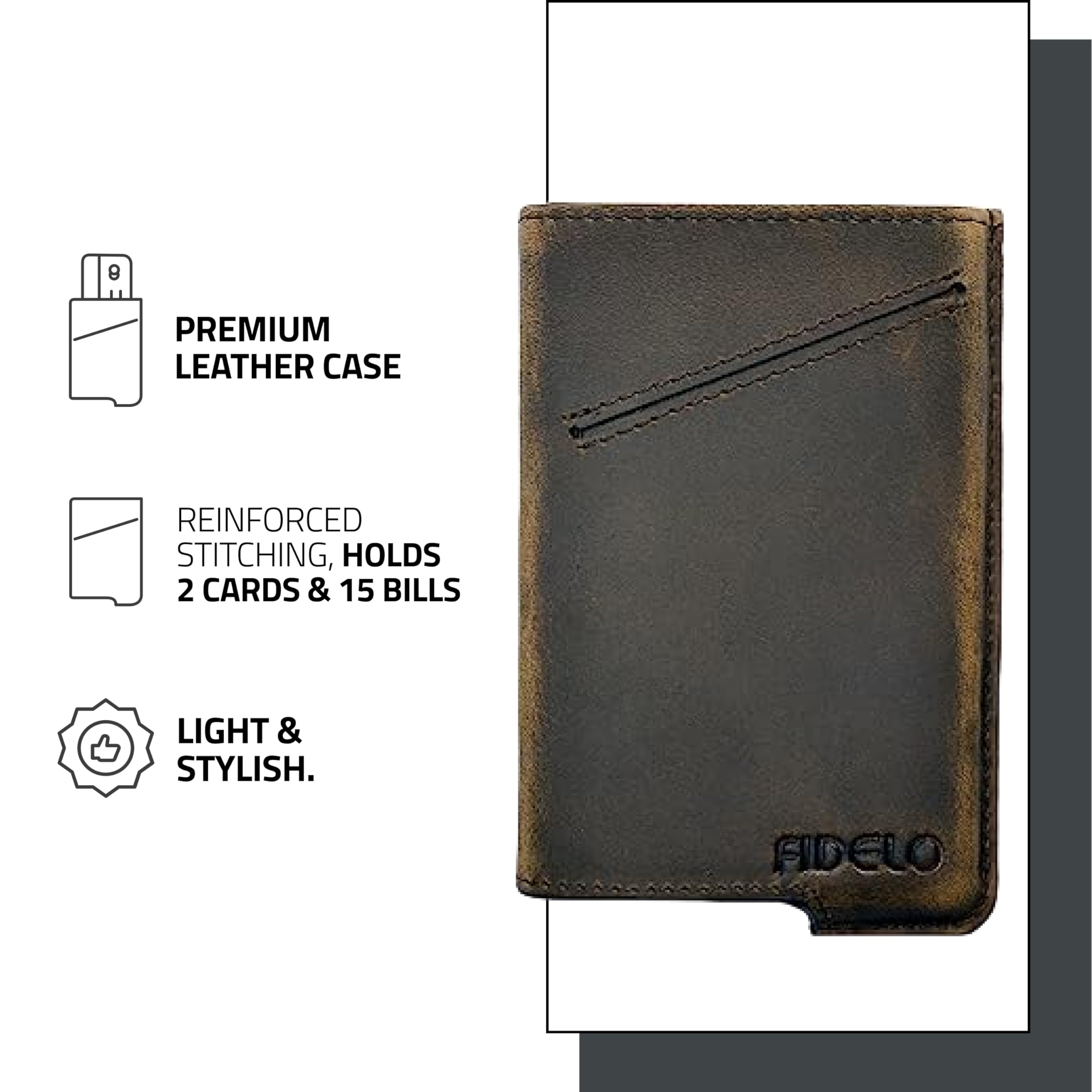 Fidelo Leather Case For Carbon Fiber/Aluminum pop up wallet - Crazy Horse Leather Case Slim Wallets, Perfect Minimalist Wallet CASE For Men - Leather CASE ONLY - Rustic Brown