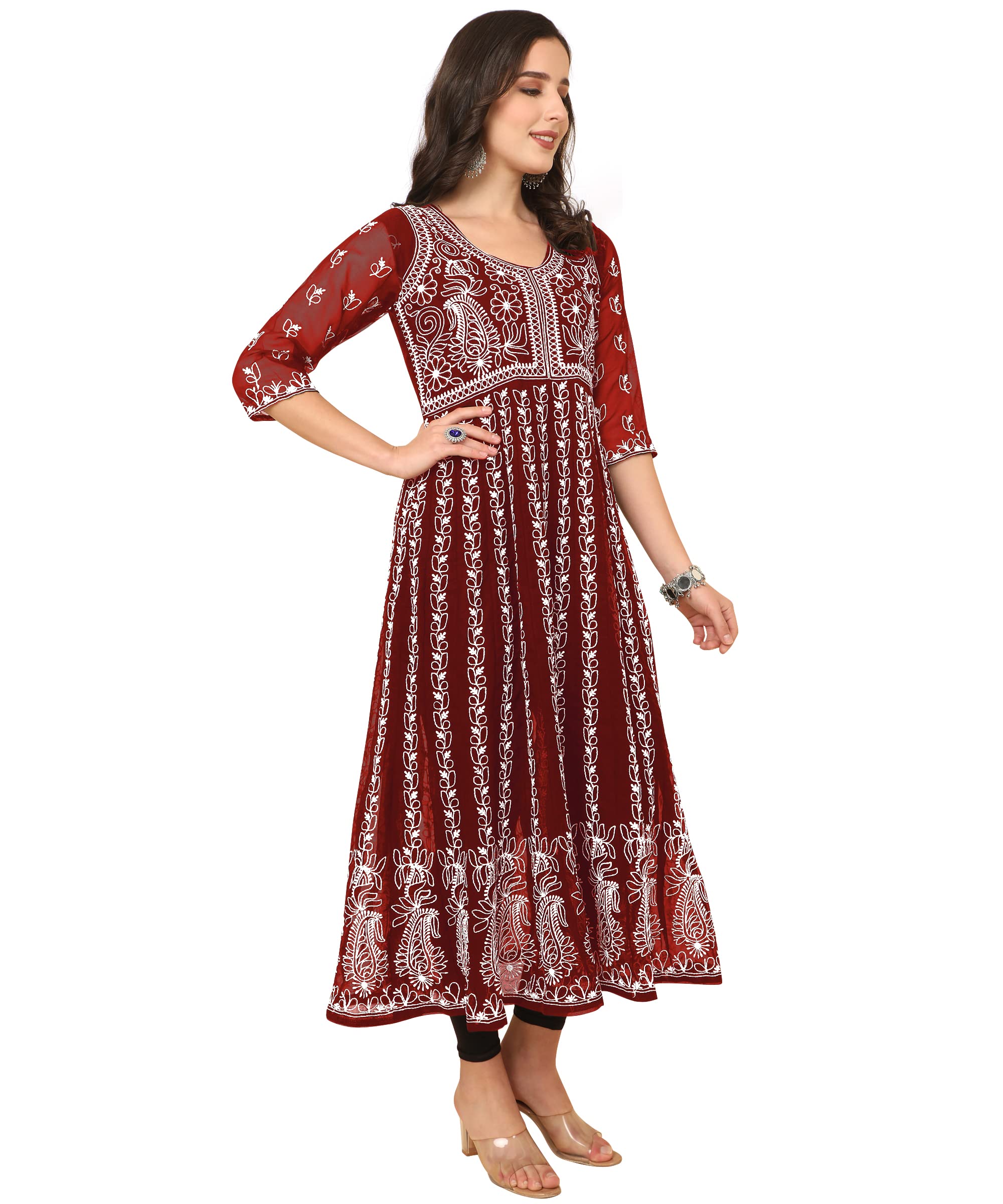 EthnicJunction Women's Georgette Chikankari Embroidery Anarkali Kurta (X Large) (Rust Orange)