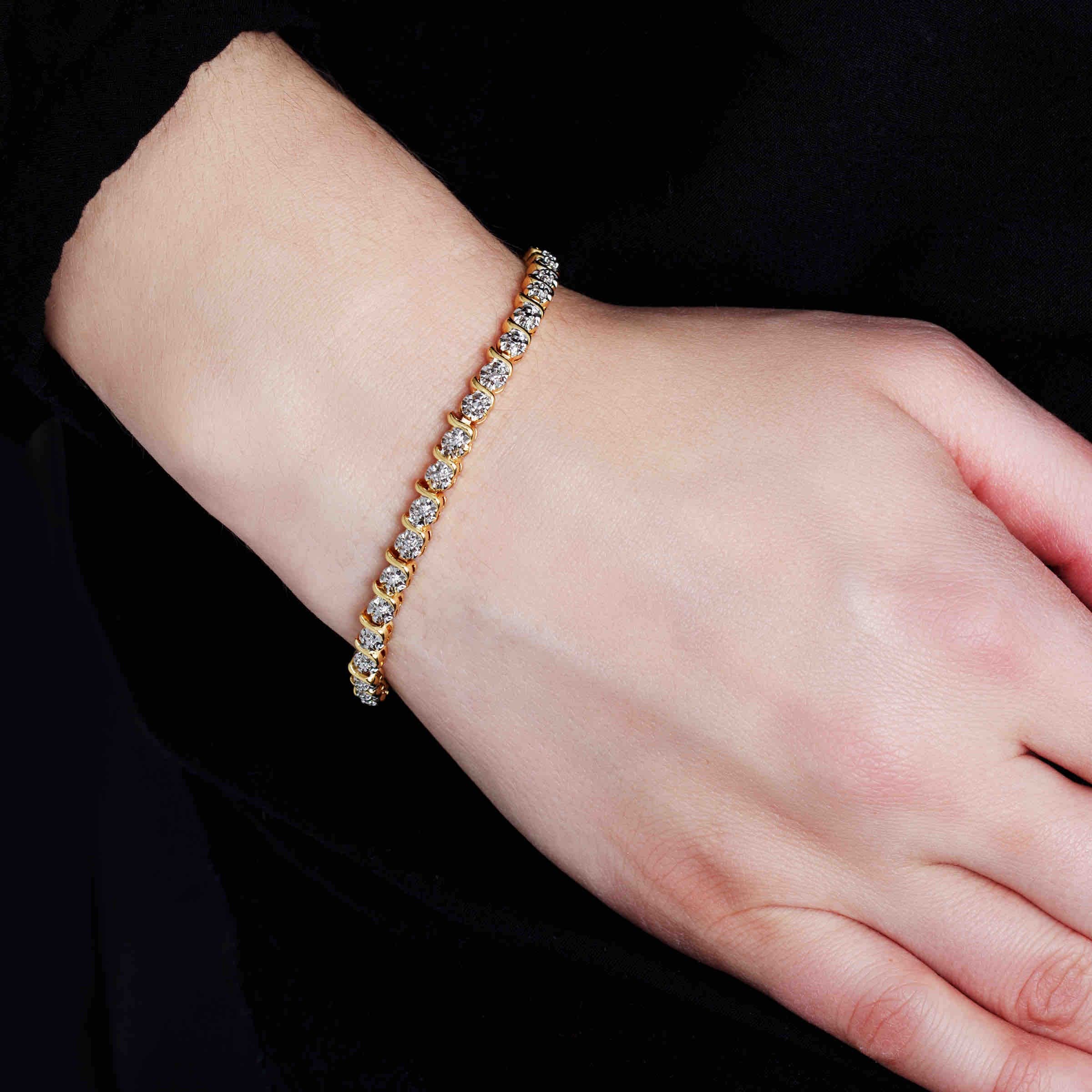 Finecraft Tennis Bracelet with Diamonds in 14K Gold-Plated Brass, 7.5"