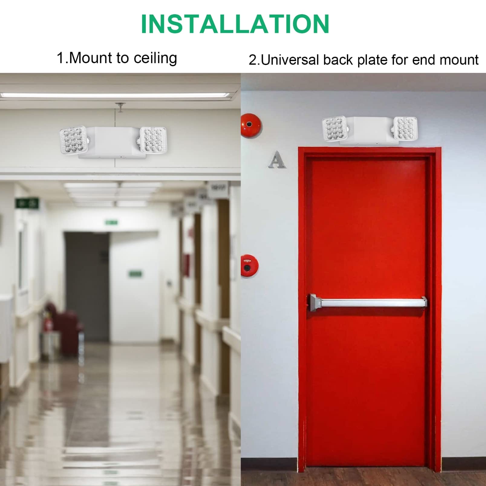 MAVARO White LED Emergency Lighting Fixture with 2 LED Heads and Hardwired Adjustable Exit Light Exit Sign for Business/Home with Battery Backup 110-277V, UL Certified, Fire Resistant