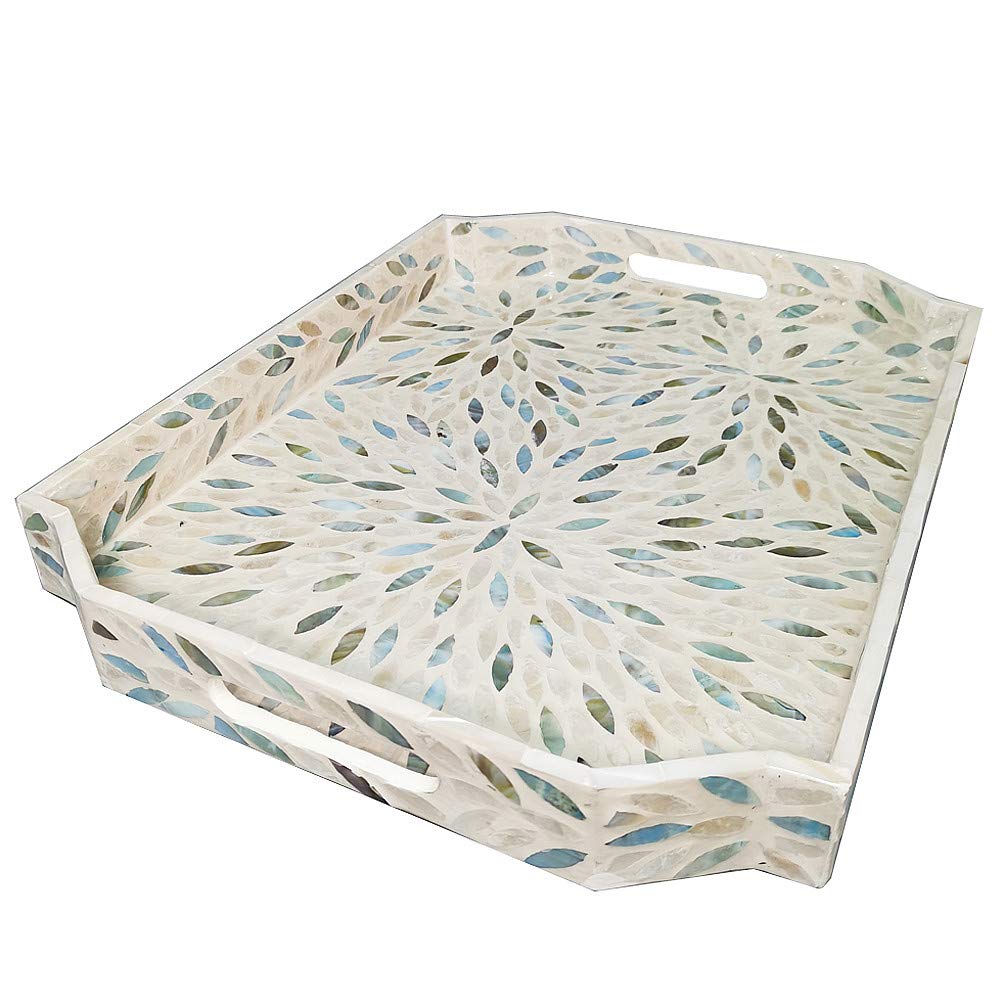 i-lan Mother of Pearl Inlay Serving Tray for Cocktail Ottoman,Coffee Table,Large Polygon Rustic Wooden Decorative Serving Tray for Breakfast,Snacks,Gadgets,Vintage Handcrafted Decorative Serving Tray