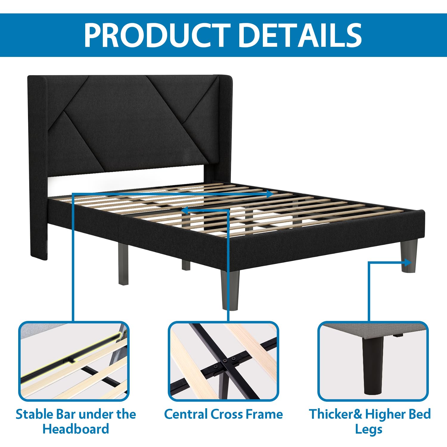 Fangflower Platform Bed Frames, King Bed Frame with LED Lights and Charging Station, Soft Storage Headboard, Sturdy and Durable, No Box Spring Needed, Rustic Wood and Steel, Dark Grey