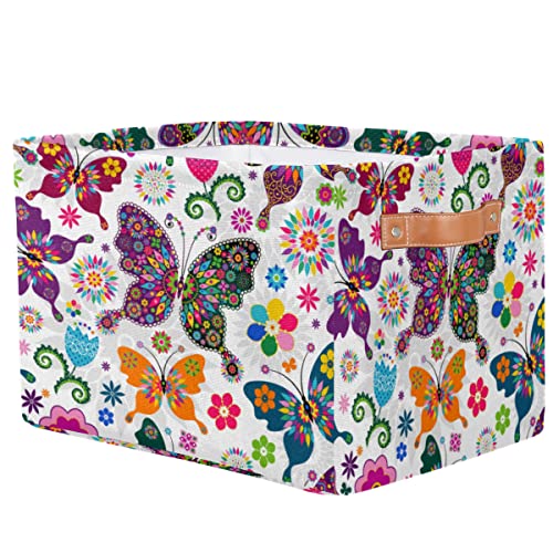 Pardick Floral Butterfly Large Collapsible Storage Bins ,Flying Butterfly Decorative Canvas Fabric Storage Boxes Organizer with Handles,Rectangular Baskets Bin for Home Shelves Closet Nursery Gifts