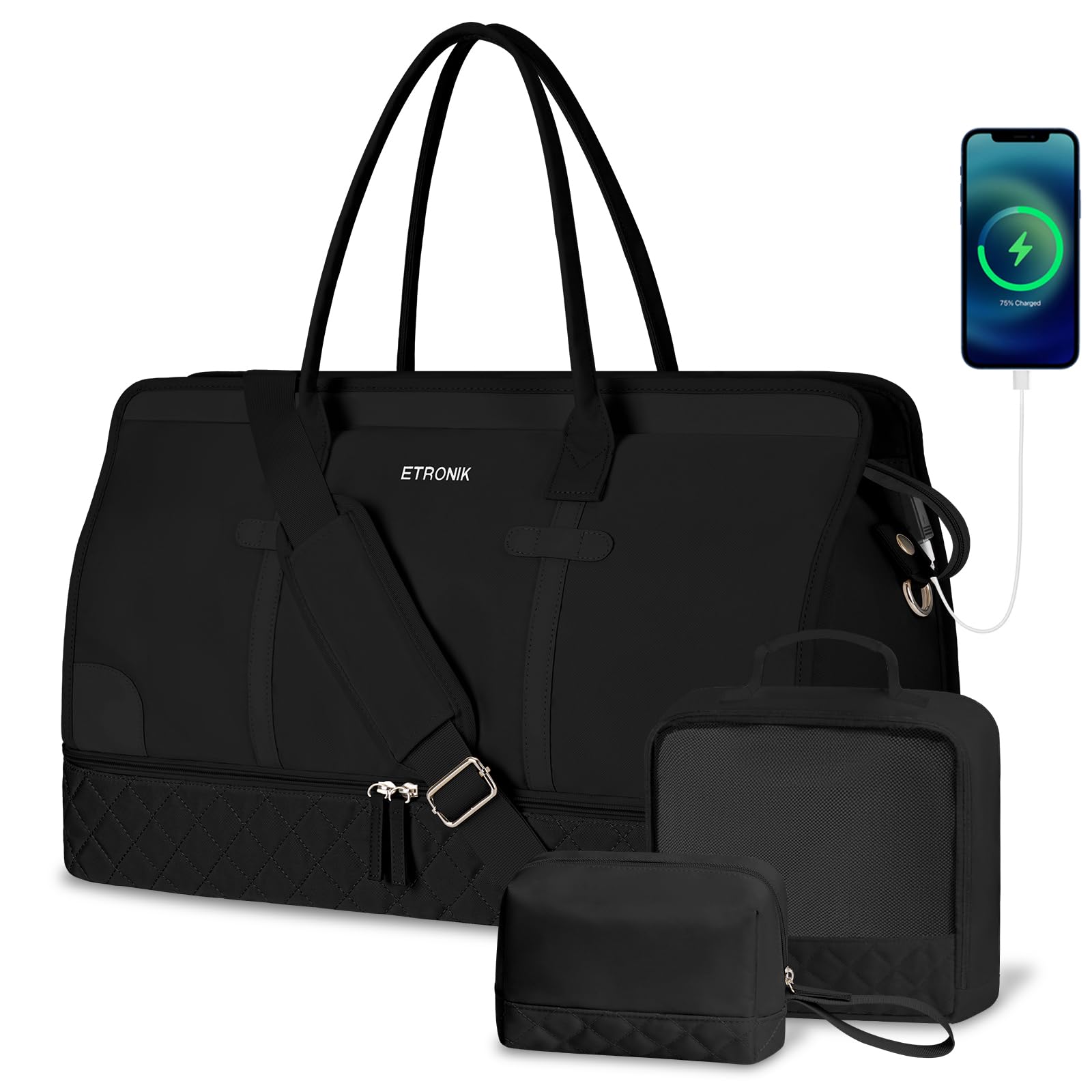 ETRONIK Weekender Overnight Bag for Women, Large Travel Duffle Bag with Shoe Compartment & Wet Pocket, Carry On Tote Bag Gym Duffel Bag with Toiletry Bag for Hospital 4 Pcs Set, Large Size, Black