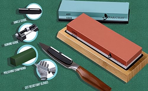 Parichan’ Professional Knife Sharpening Stone Kit – Premium 4 Grit 400/1000/3000/8000 Whetstone with Flattening Stone, Cut Resistant Glove, Bamboo Base, Fixed Angle, Angle Guide, Leather Belt
