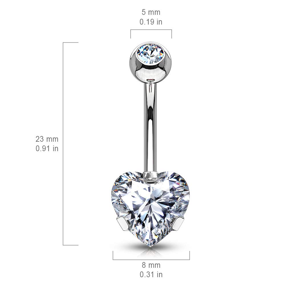 FIFTH CUE 14G Prong Set 8mm Heart CZ 316L Surgical Steel Naval Belly Button Ring (Gold/Clear)