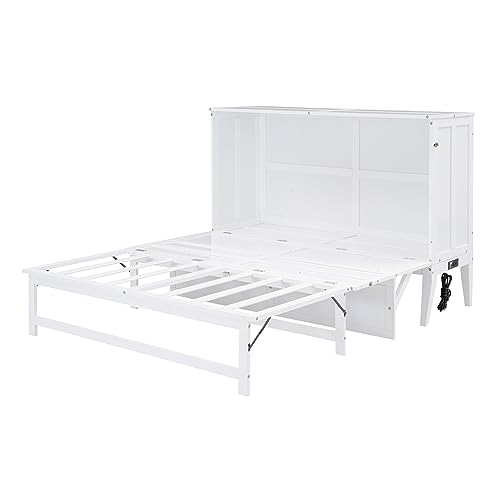 FANYE Space Saving Size Cube Built-in Charging Station and Shelf, Foldable Murphy Bed for Multipurpose Guest Room or Home Office, No Box Spring Required Easy Assembly, White Queen