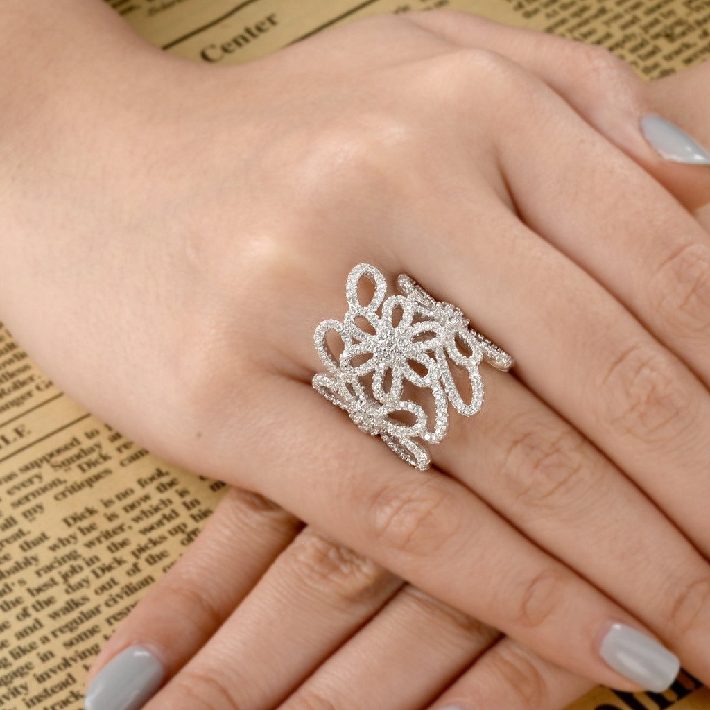 EVER FAITH Sterling Silver 925 CZ Art Deco Flower Finger Knuckle Cocktail Ring Clear - Size 7